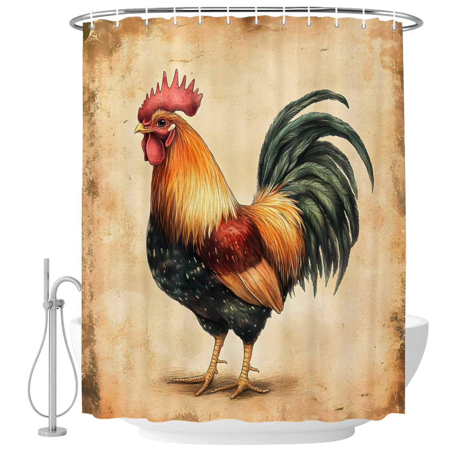Farmhouse Rooster Shower Curtain Set - Long 72" x 84" Washable Bathtub ...