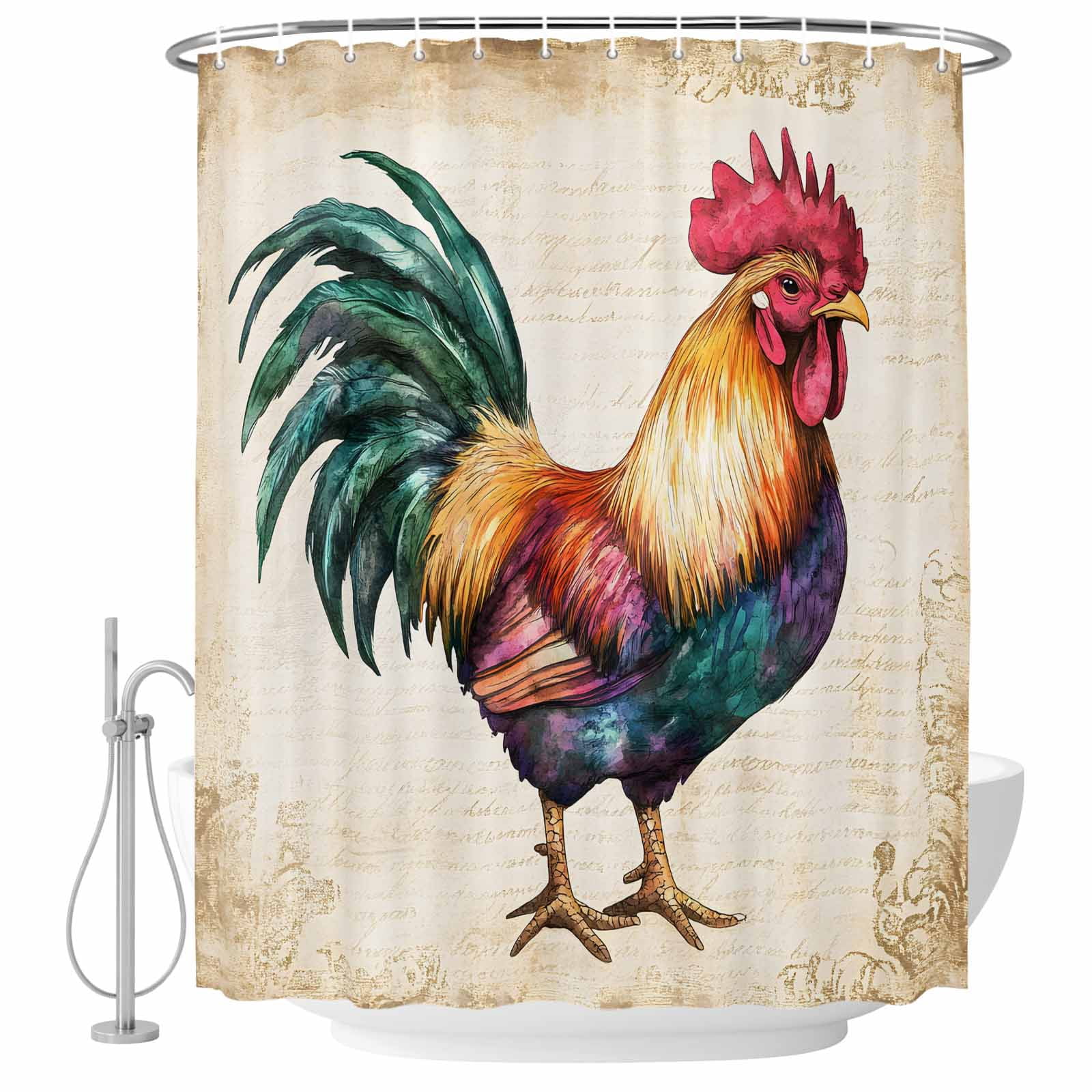 Farmhouse Rooster Shower Curtain Set - Long 72" x 84" Washable Bathtub ...