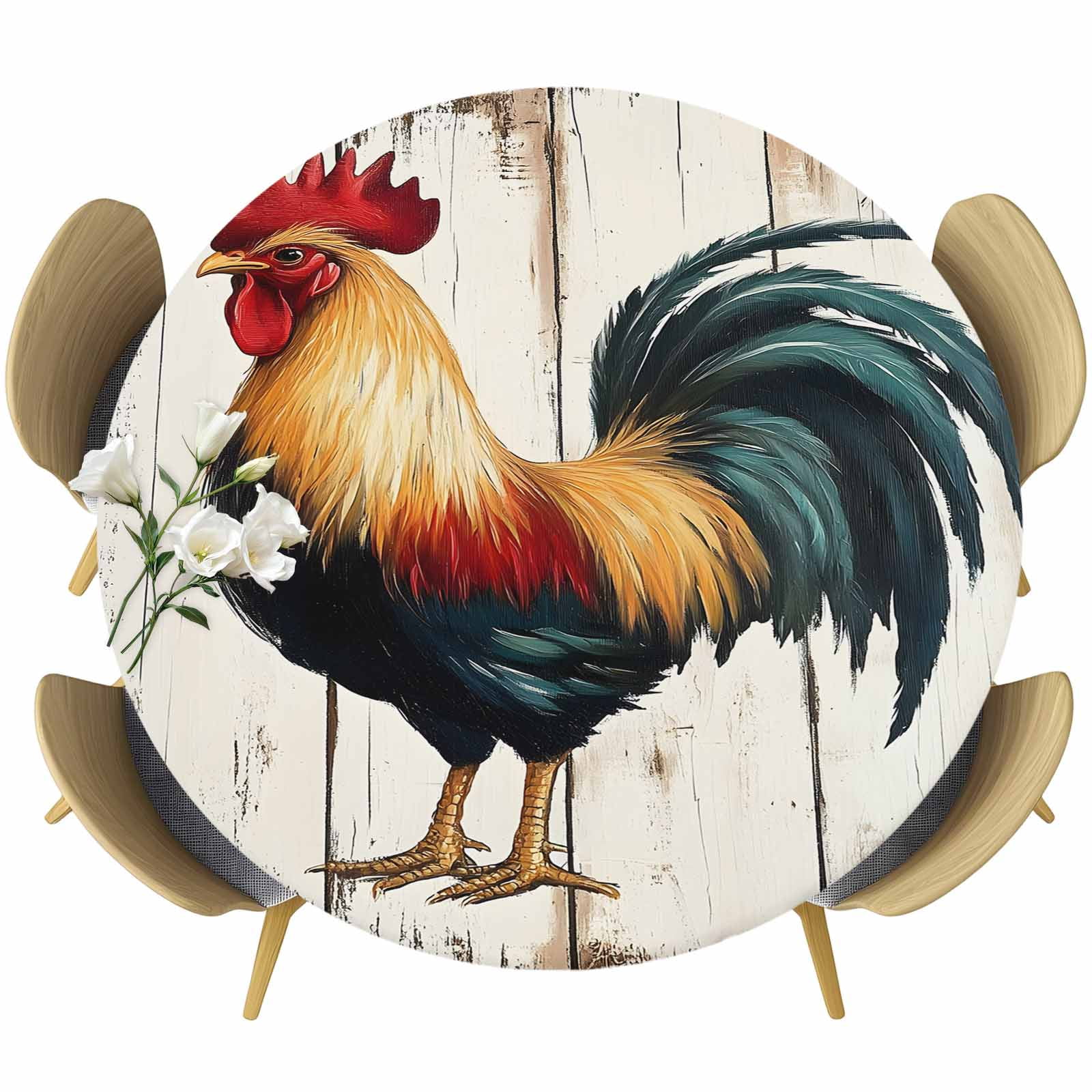 Farmhouse Rooster Table Cloth, Round Fitted Tablecloths with Elastic ...