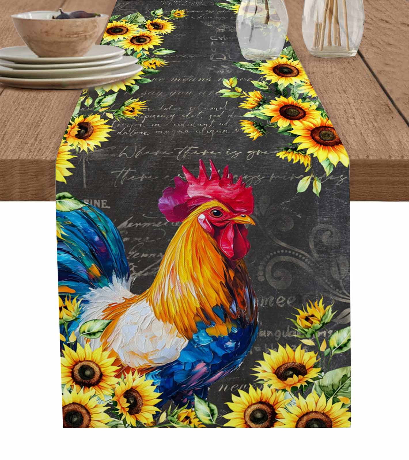 Farmhouse Rooster Table Runner 72 Inches, Black Retro Botanical ...