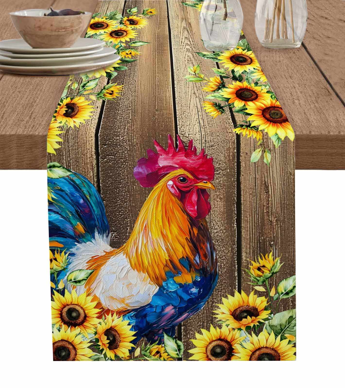 Farmhouse Rooster Table Runner 72 Inches, Retro Botanical Sunflower ...
