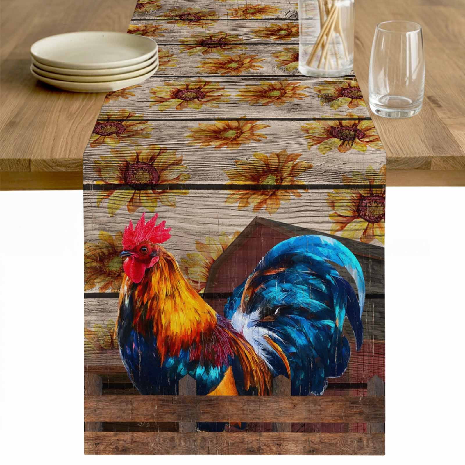 Farmhouse Rooster Table Runner - 90 Inch Long Vintage Farm Chicken ...