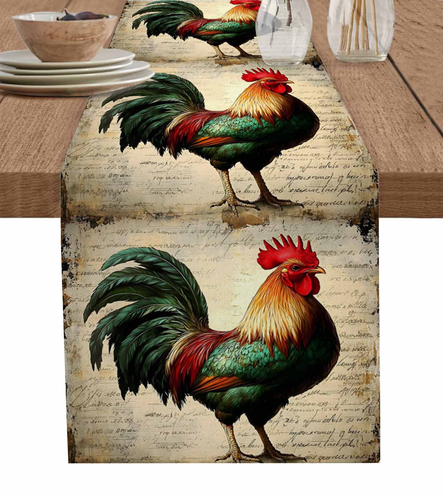 Farmhouse Rooster Table Runner 90 Inches, Vintage Watercolor Country ...