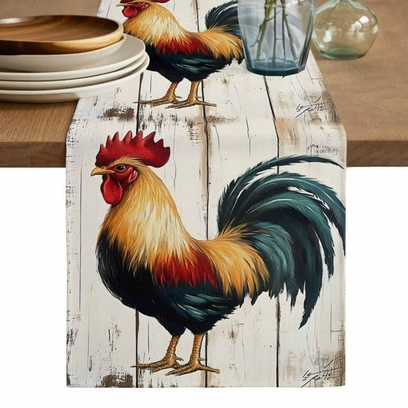 Farmhouse Rooster Table Runner, Vintage Farm Animals Green Red Washable ...