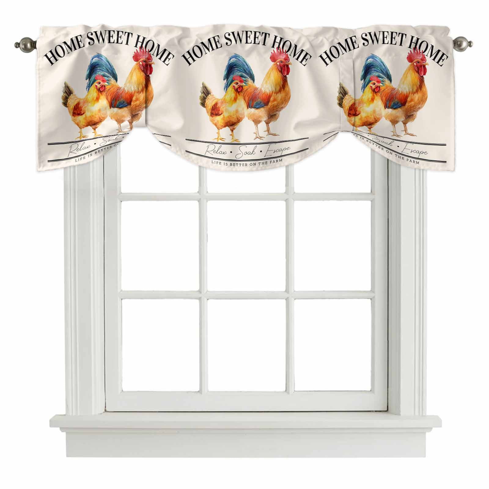 Farmhouse Rooster Tie Up Valance Curtains for Windows, Kitchen Curtains ...