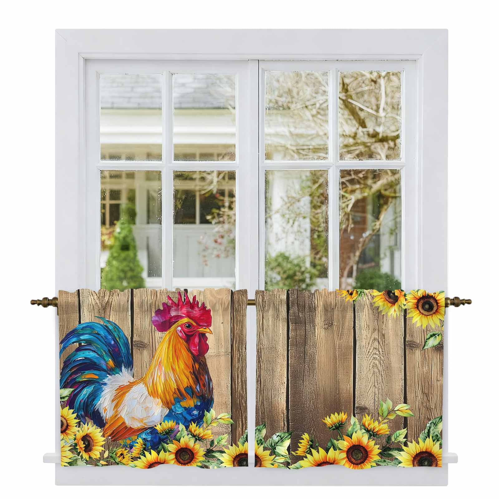 Farmhouse Rooster Tier Curtains, Retro Botanical Sunflower Floral Wood ...