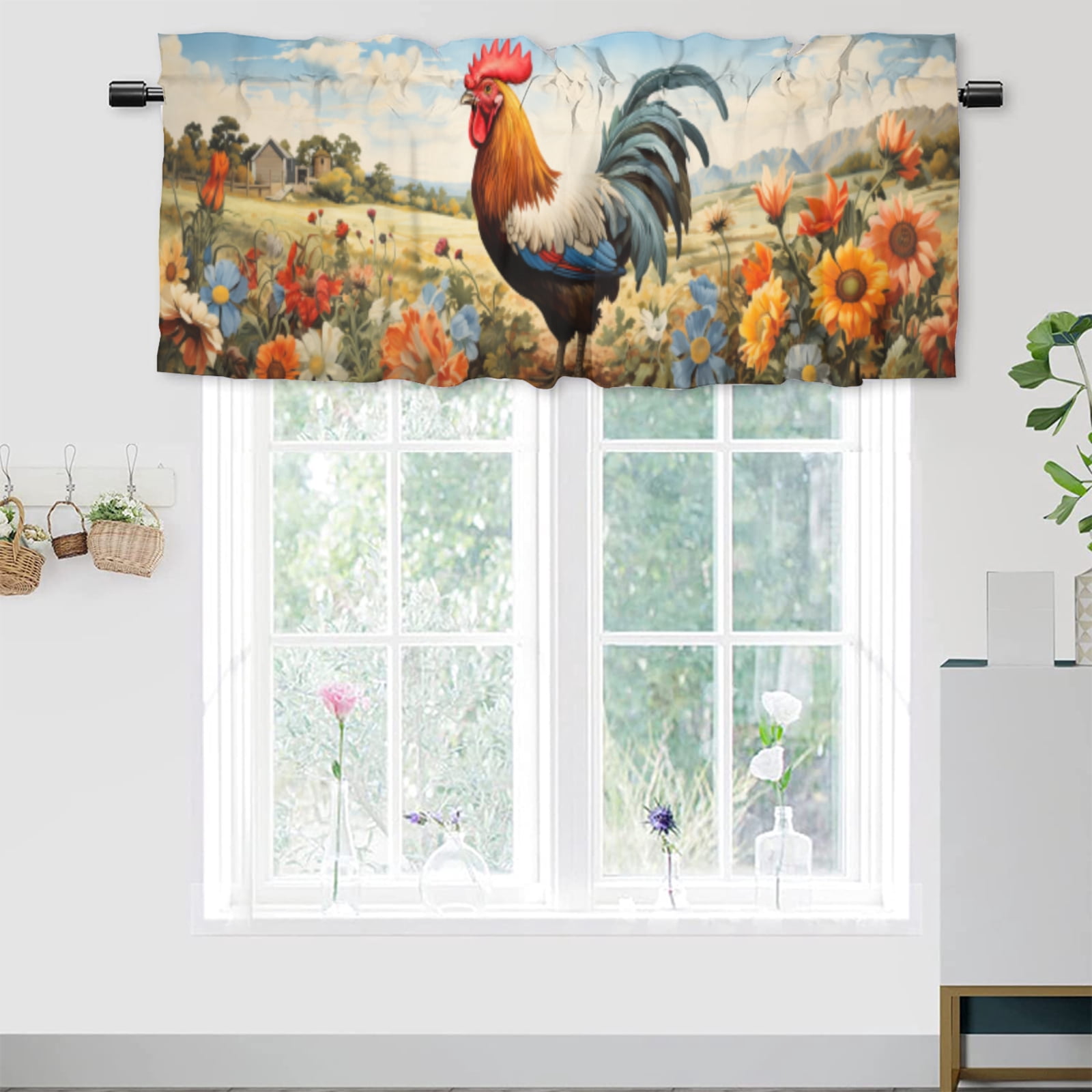 Farmhouse Rooster Valance Curtain for Kitchen Rustic Wooden Barn ...