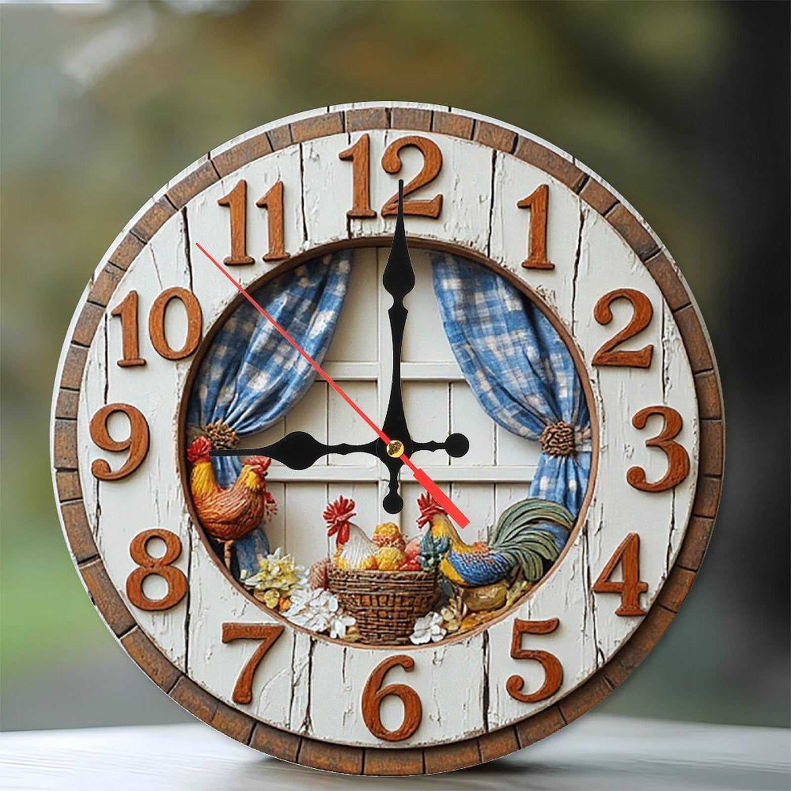 Farmhouse Rooster Wall Clock Rustic Chic Decor 10-Inch Silent Wooden ...