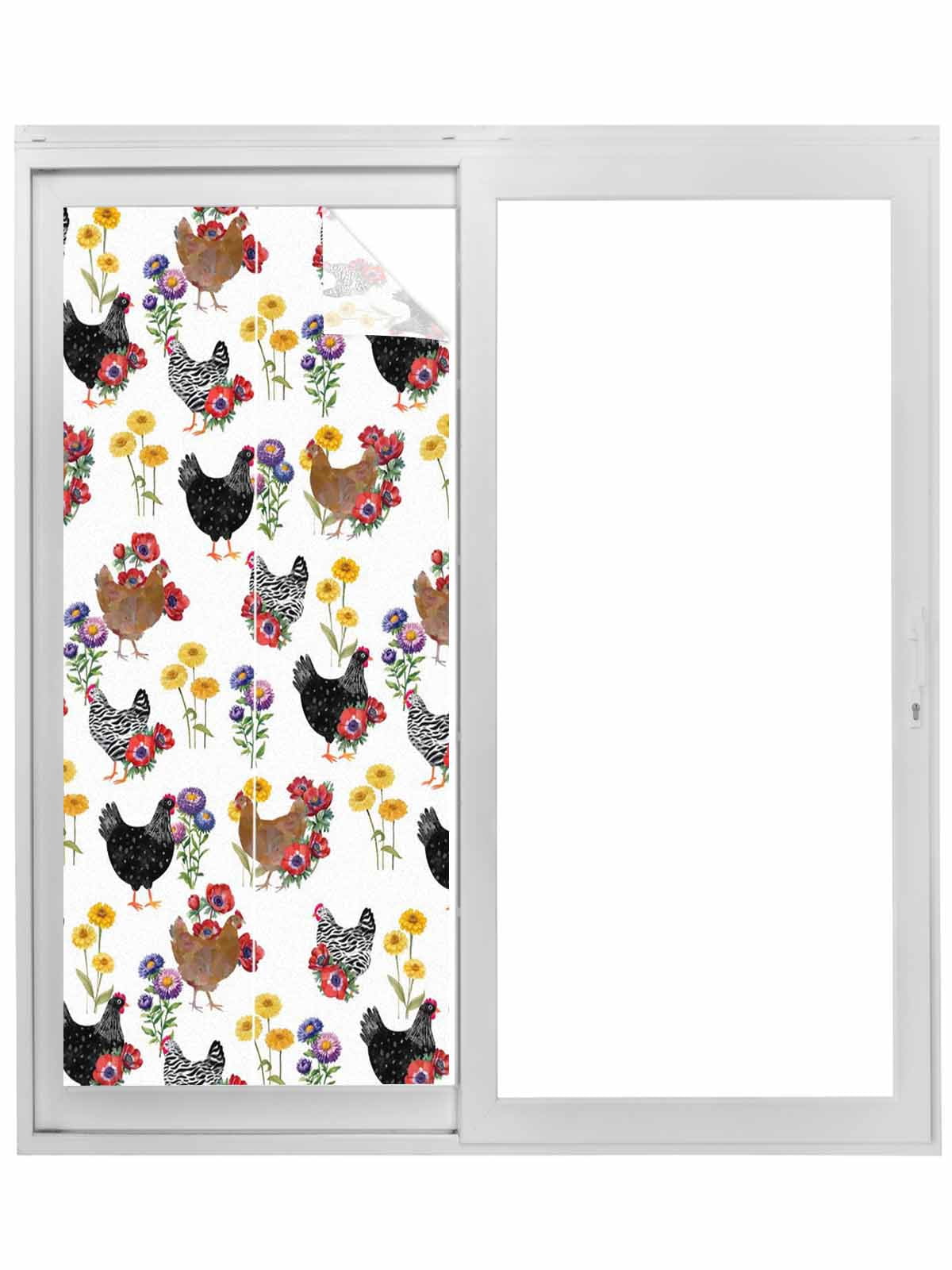 Farmhouse Rooster Window Privacy Film, Country Watercolor Flowers Wood ...
