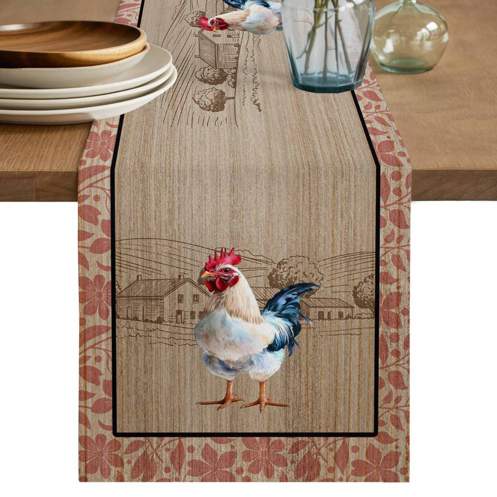 Farmhouse Roosters Table Runner 120 Inches, Vintage Farm Chicken Pink ...