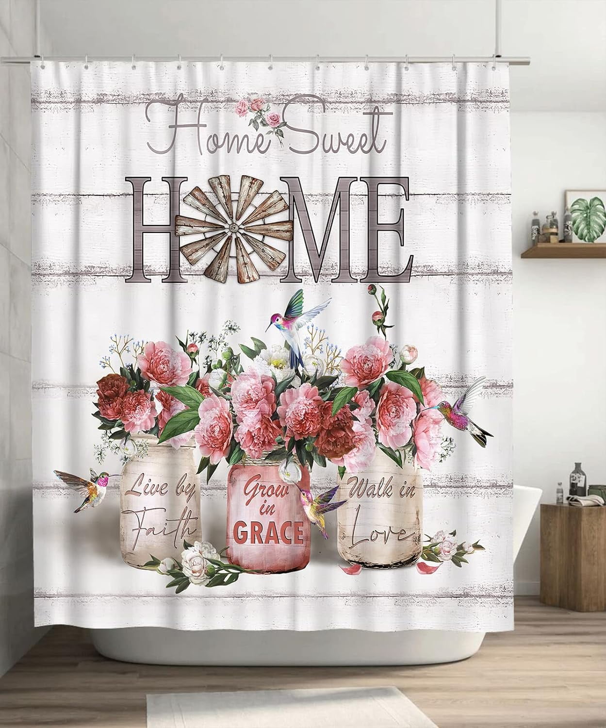 Farmhouse Rose Shower Curtain Peony Flower Shower Curtains for Neutral ...