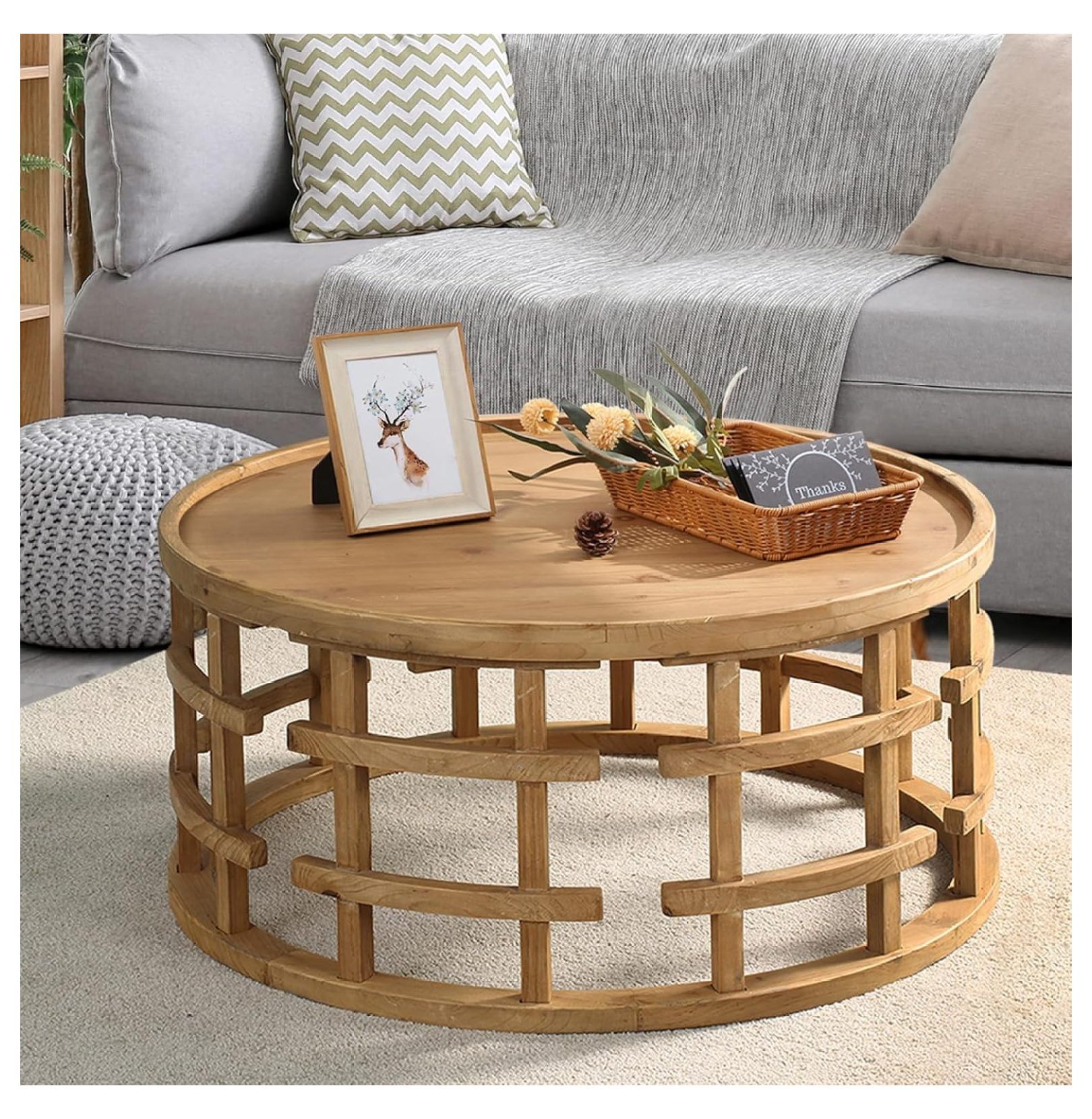 Farmhouse Round Coffee Table, French Country Sofa Tables,Rustic Soild ...