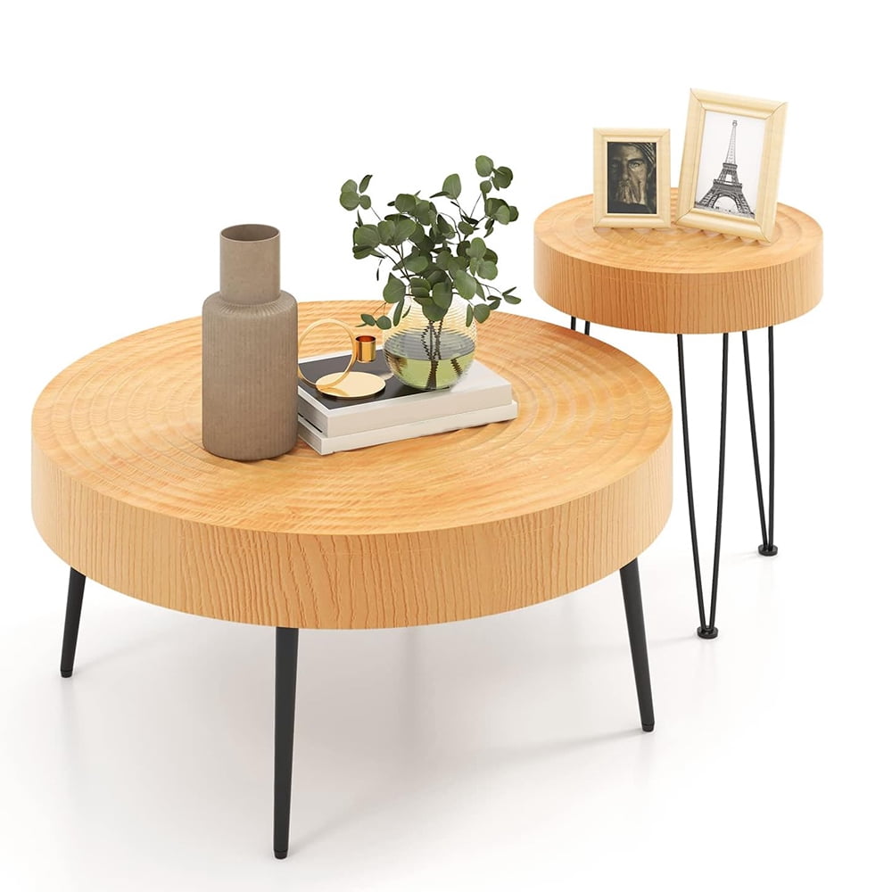 Farmhouse Round Coffee Table Set of 2, Rustic Sofa Side Tea Tables with ...