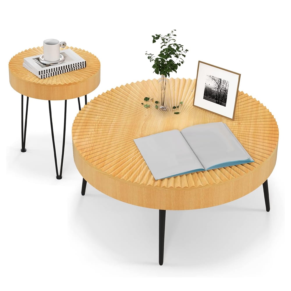 Farmhouse Round Coffee Table Set of 2, Rustic Sofa Side Tea Tables w ...