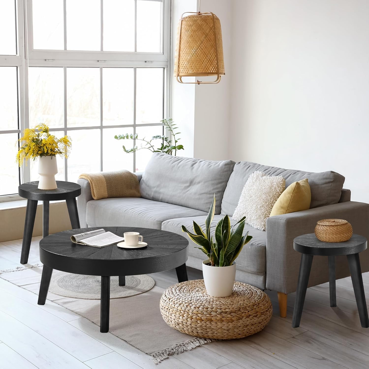 Farmhouse Round Coffee Table Set of 3, Black Sofa Side Nesting Tables ...