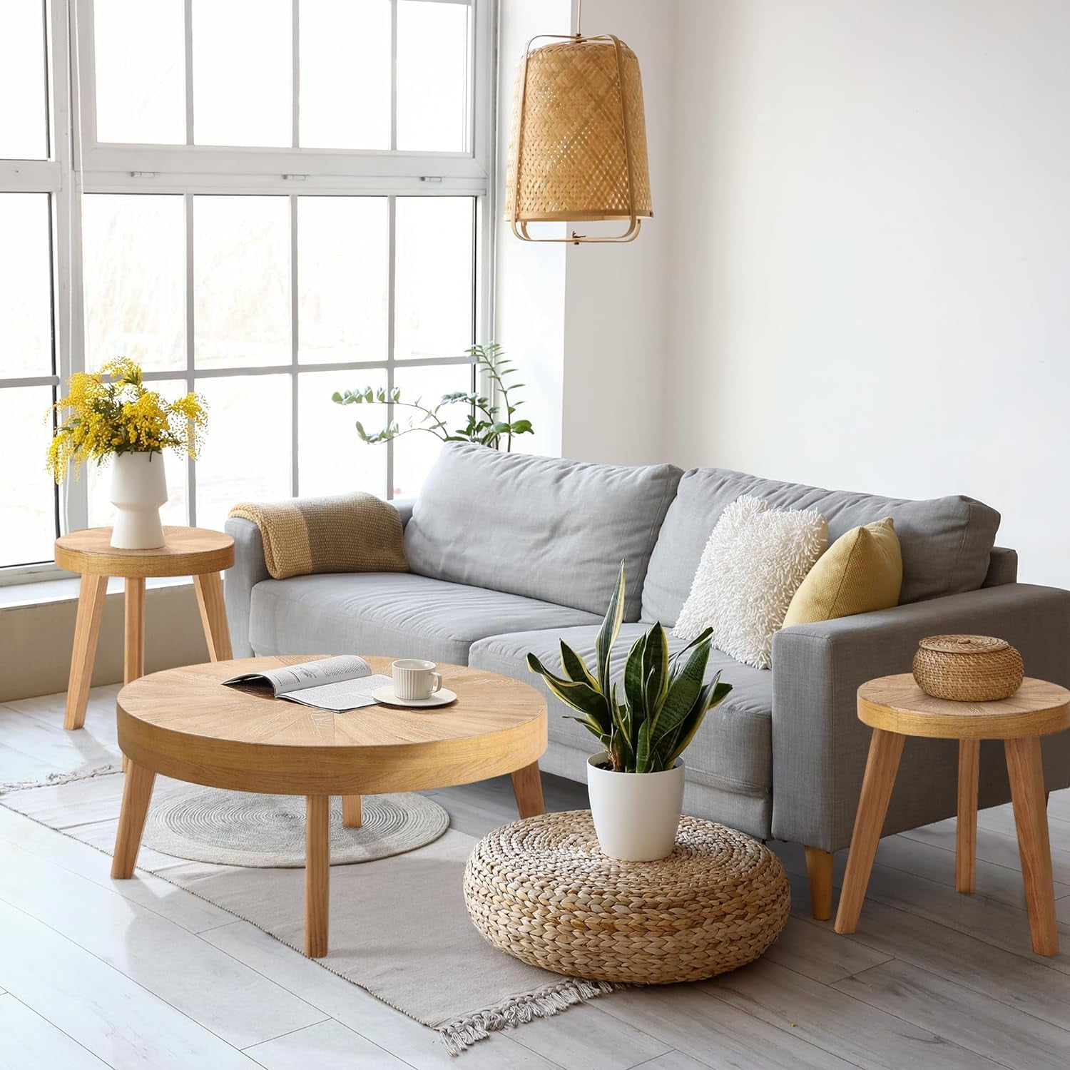 Farmhouse Round Coffee Table Set of 3, Boho Sofa Side Nesting Tables End Table Set with Wood ...