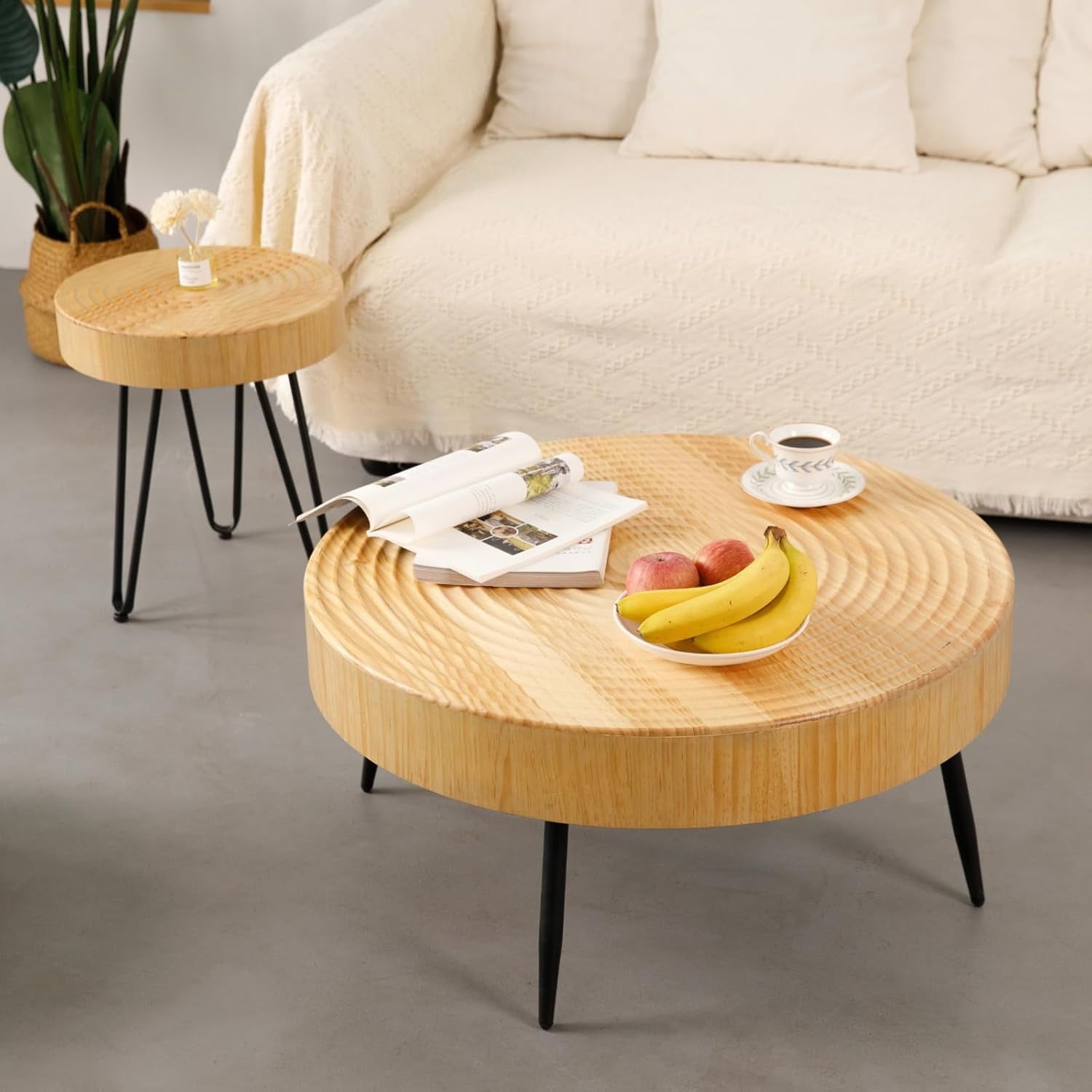 Farmhouse Round Coffee Table Set of 2, Modern Nesting Table w/Natural ...