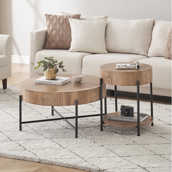 Farmhouse Round Coffee Table with Two Drawers – Wood Look Center Table ...