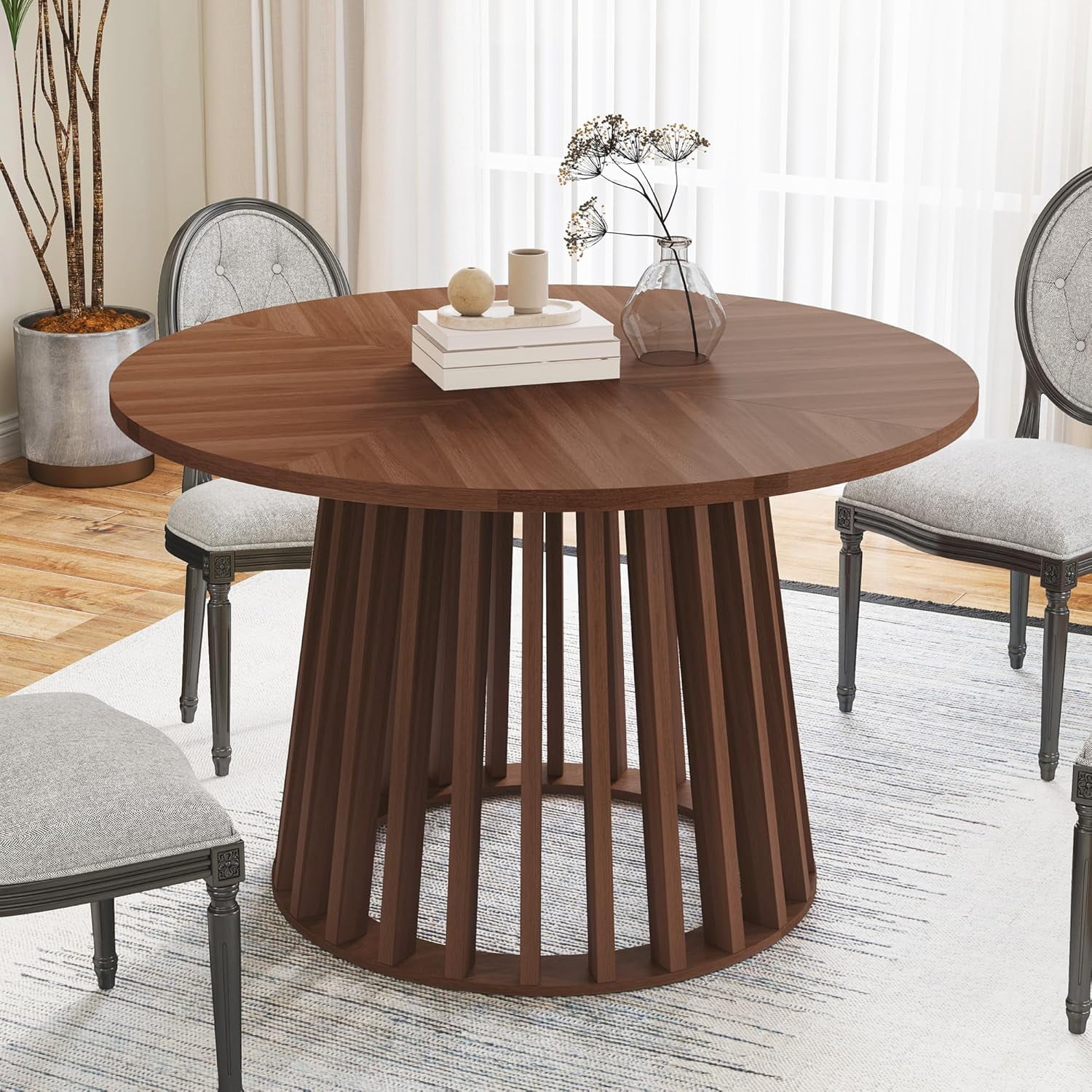 Farmhouse Round Fluted Dining for 4 47 Inch Circle with Wooden Pedestal ...