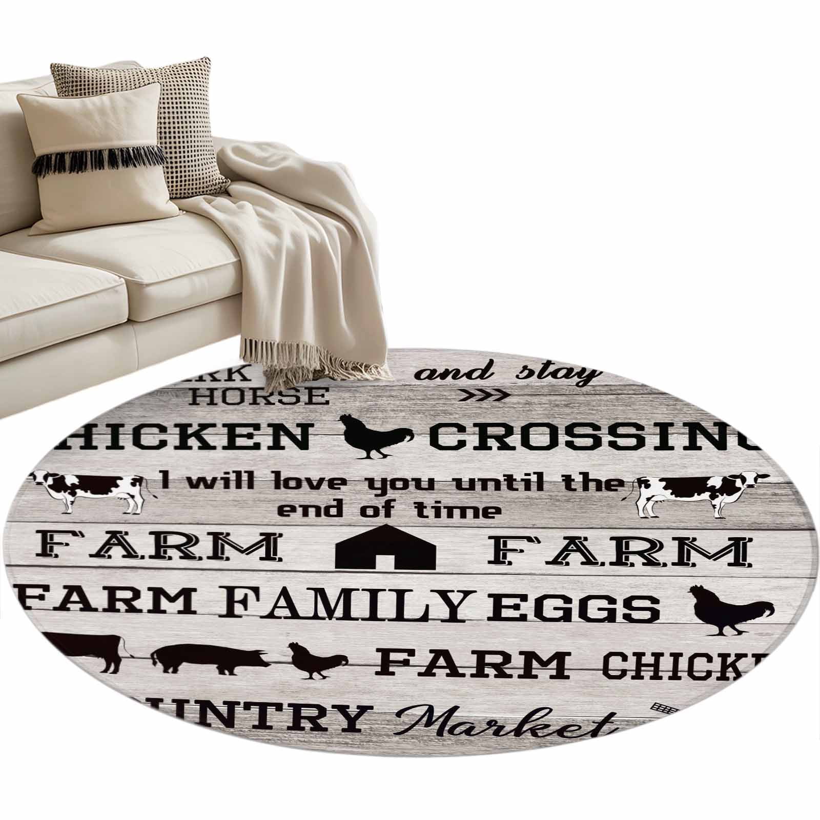 Farmhouse Round Rug 4Ft Country Barn Animal Cow Pig Chicken Brown Wood ...