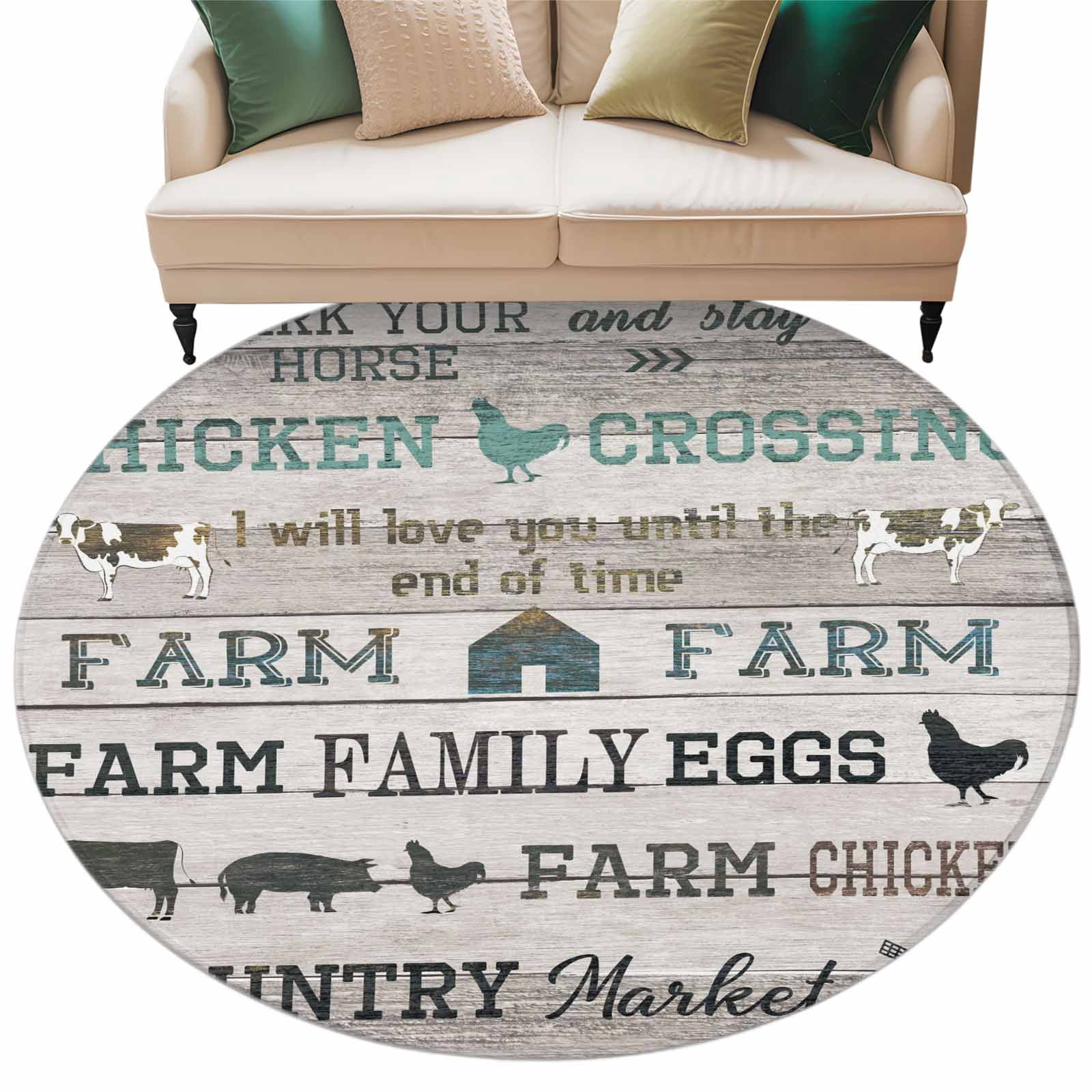 Farmhouse Round Rug 5Ft Green Black Barn Cow Pig Chicken Brown Wood ...