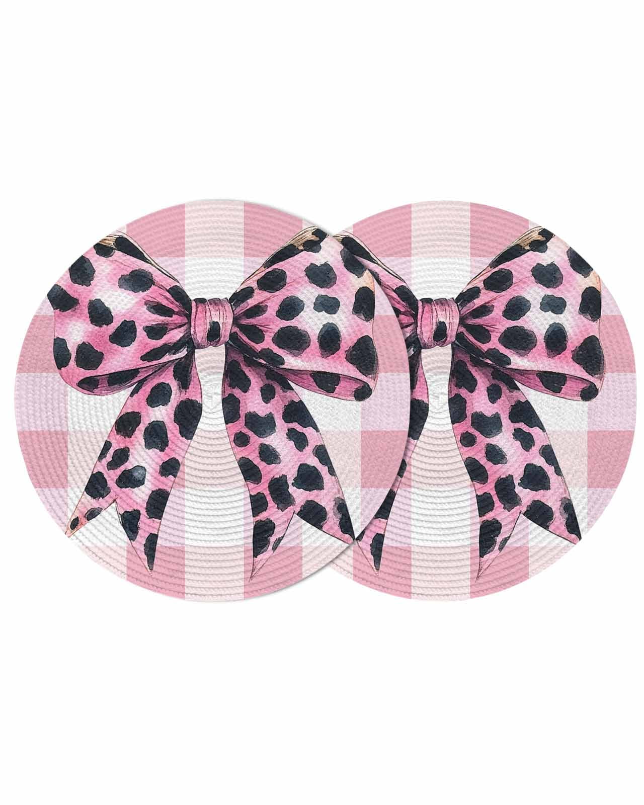 Farmhouse Round Table Placemats set of 2, Pink Checkered Leopard Print ...
