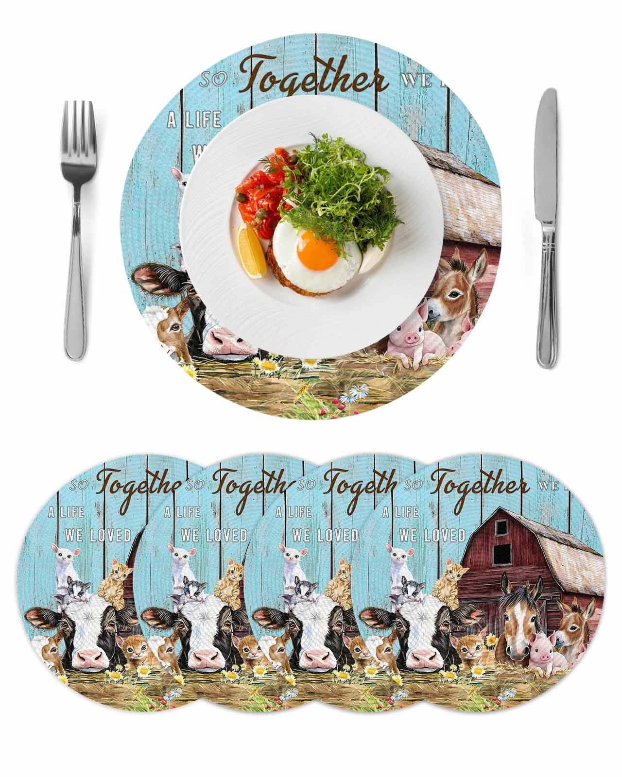 Farmhouse Round Table Placemats set of 4, Barn Horse Sheep Cat Pig ...