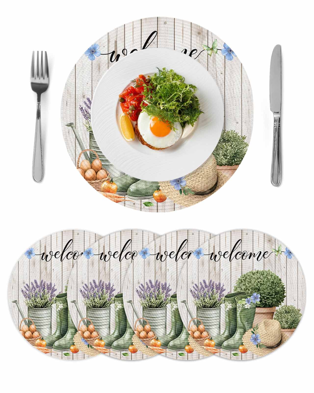 Farmhouse Round Table Placemats set of 4, Gardening Potted Plant Kettle ...