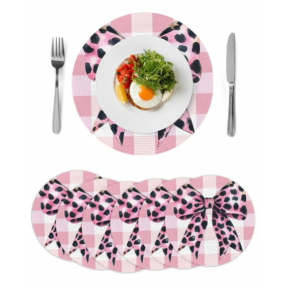 Farmhouse Round Table Placemats set of 6, Pink Checkered Leopard Print ...