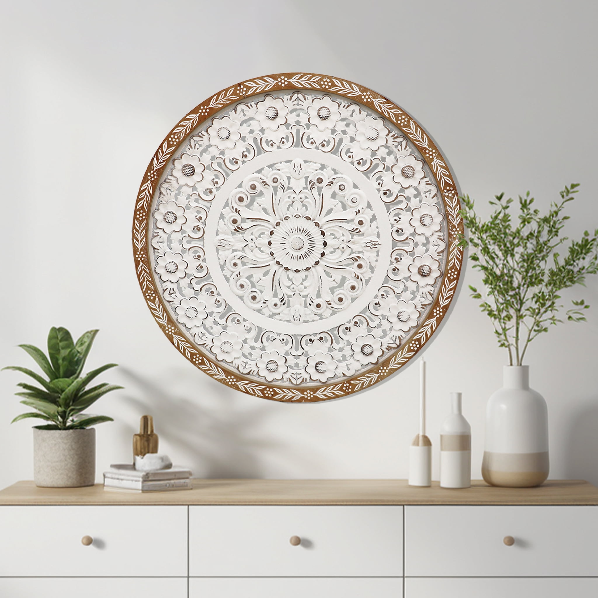 Farmhouse Round Wood Wall Art - 24.8 inch Round Wooden Wall Decor with ...