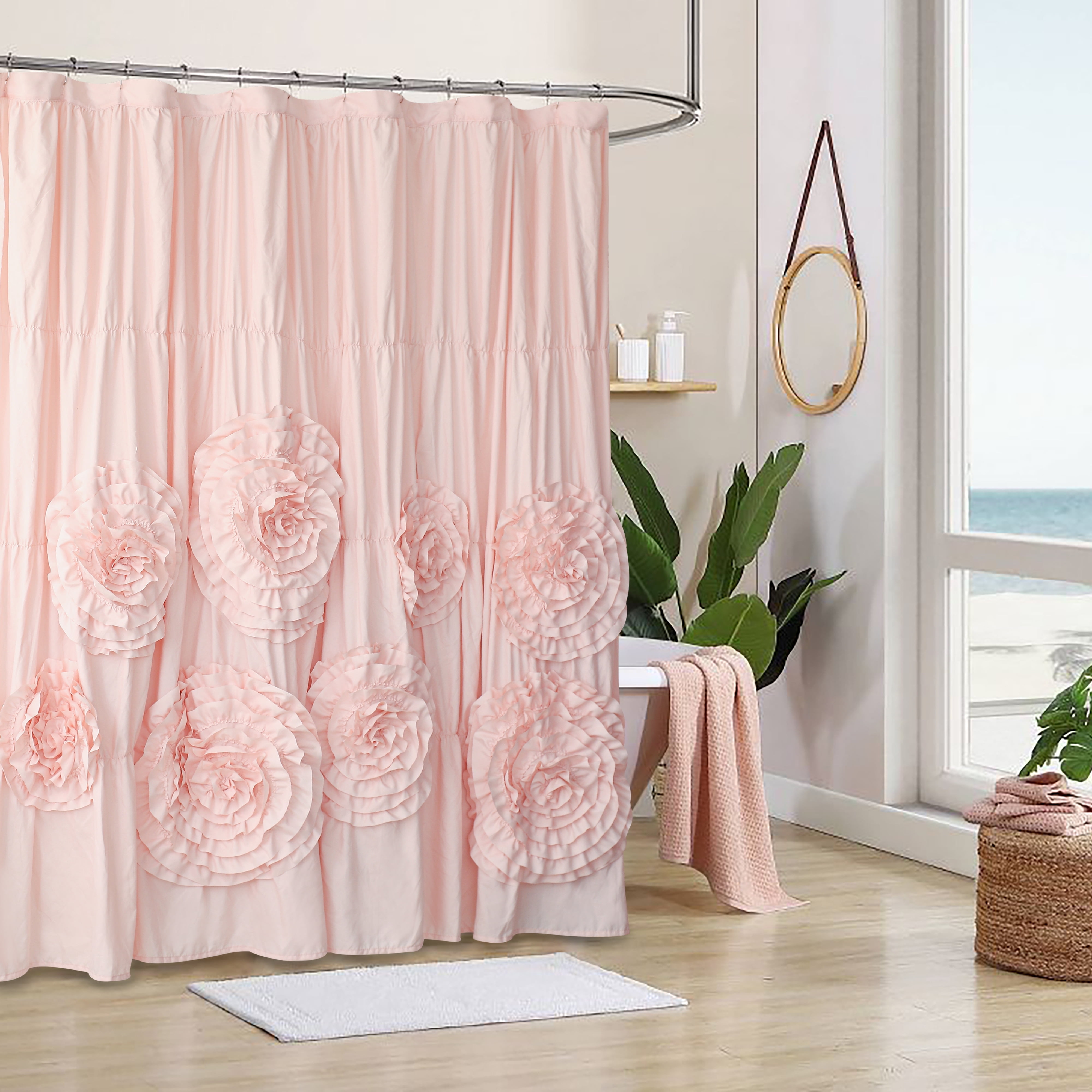 Farmhouse Ruffle Shower Curtain with Handmade 3D Flowers, Vintage ...