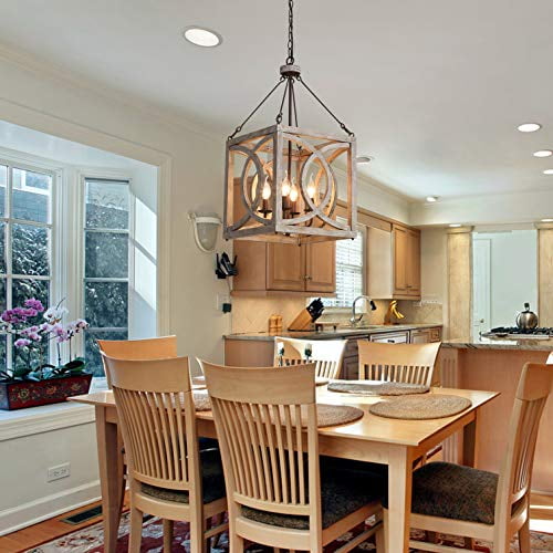 Farmhouse Rustic 4-Light Dining Room Wood Chandelier, Vintage Wood and ...