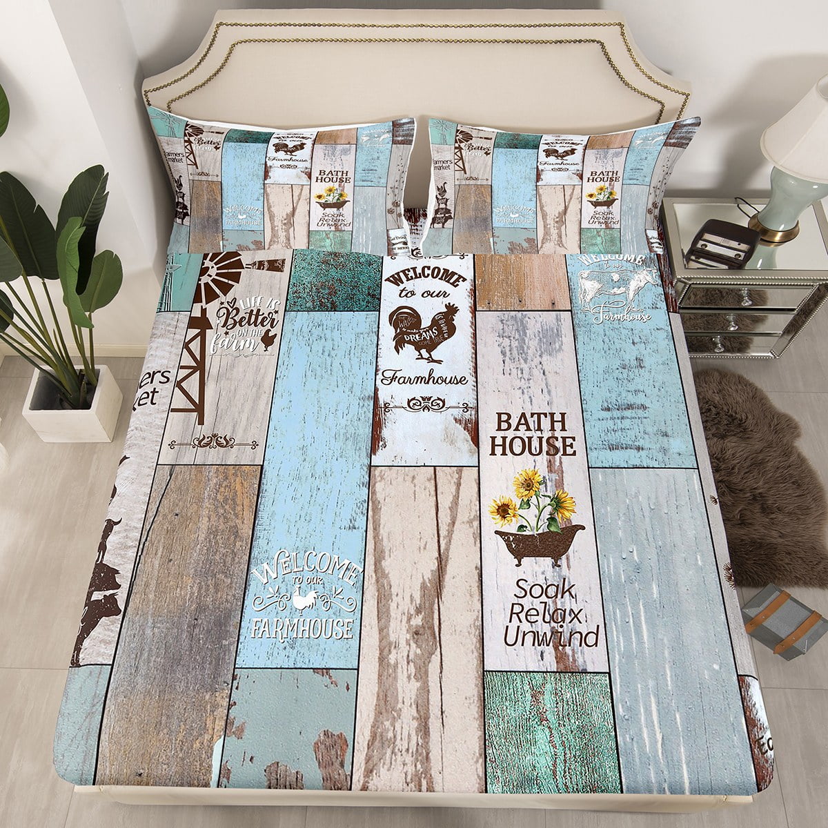 Farmhouse Rustic Bedding Set Queen Size, Vintage Windmill Bed Sheets ...