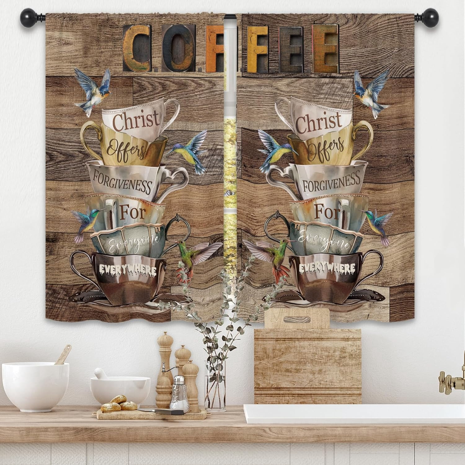 Farmhouse Rustic Bible Kitchen Curtains 27.5W x 39L Inch Country ...