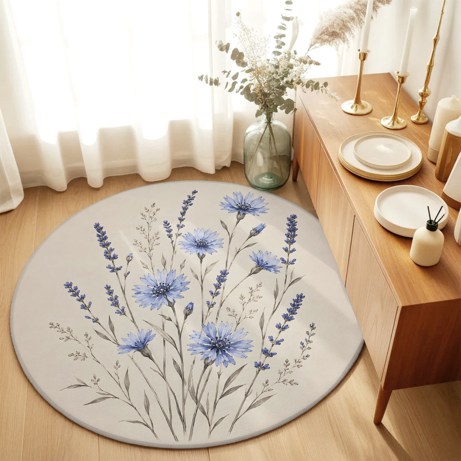 Farmhouse Rustic Blue Flowers Round Area Rug 3ft,Living Room Rug Non ...