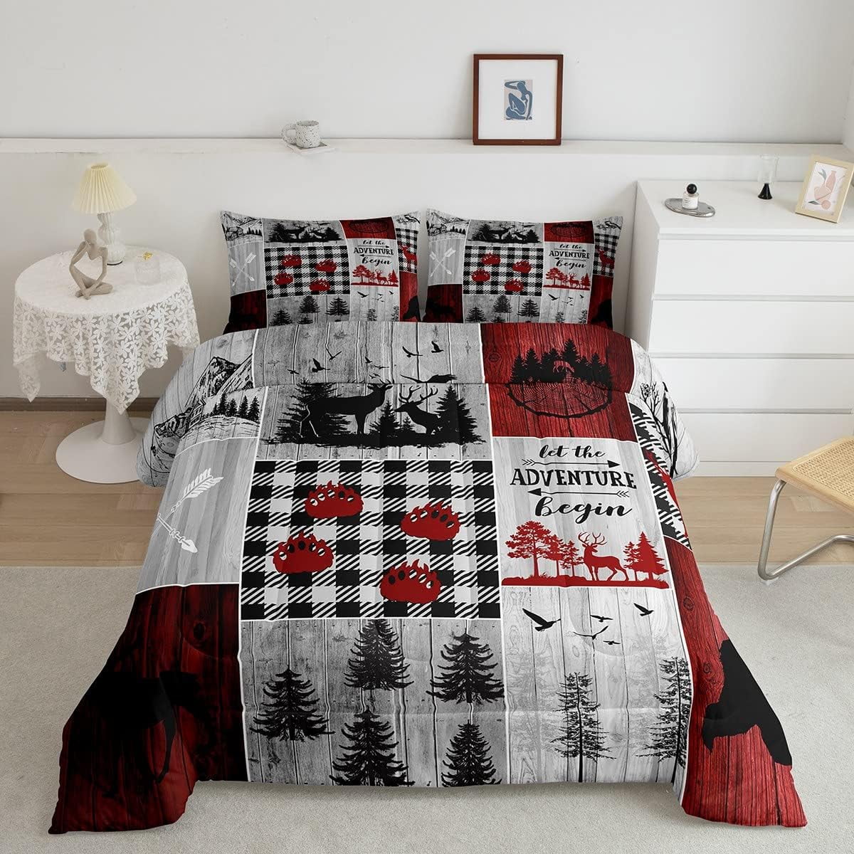 Farmhouse Rustic Comforter Set for Kids, Hunting Bear Moose Deer Quilt ...