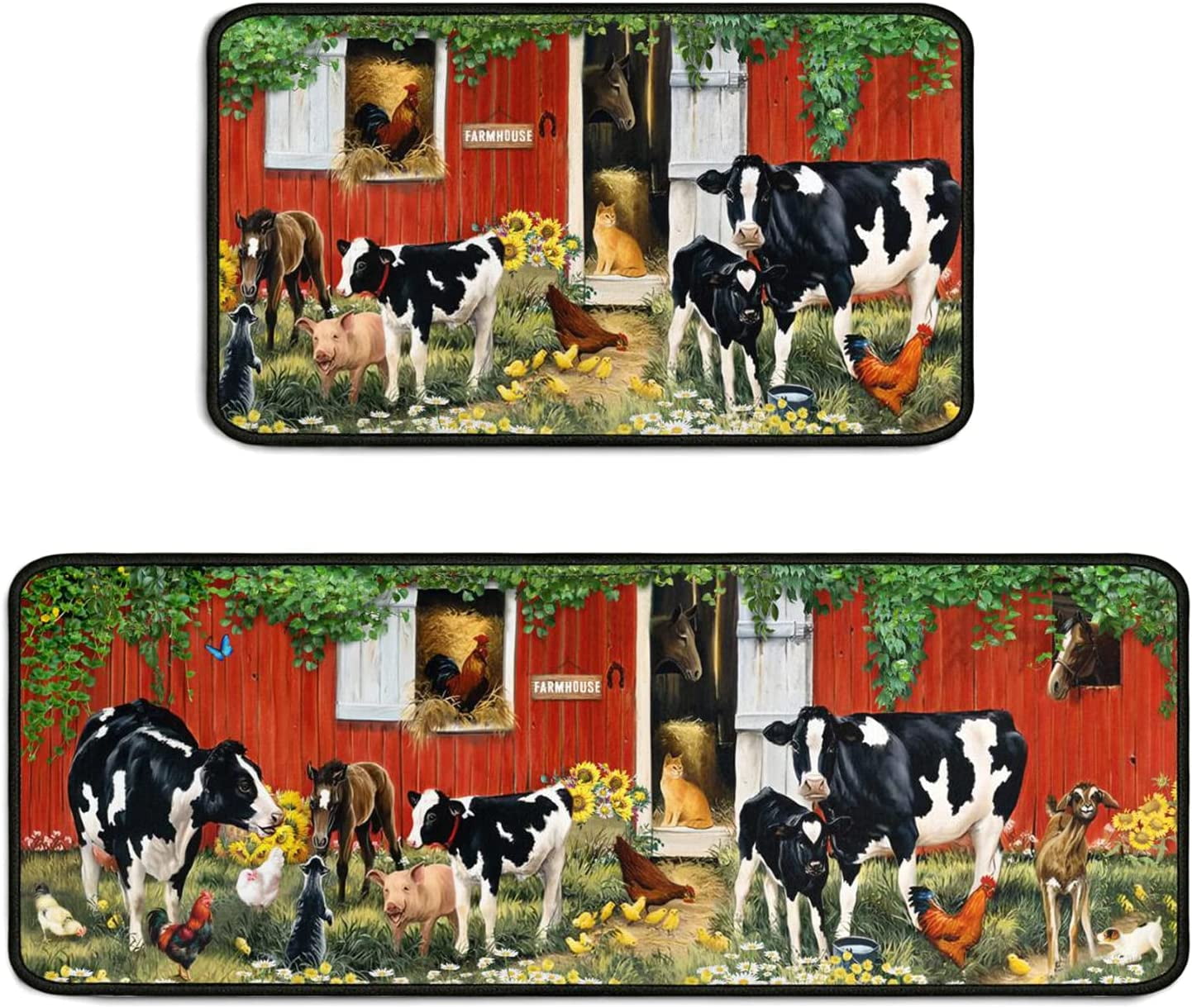 Farmhouse Rustic Cow Kitchen Rug 2 Pieces Set, Washable Non-Slip ...