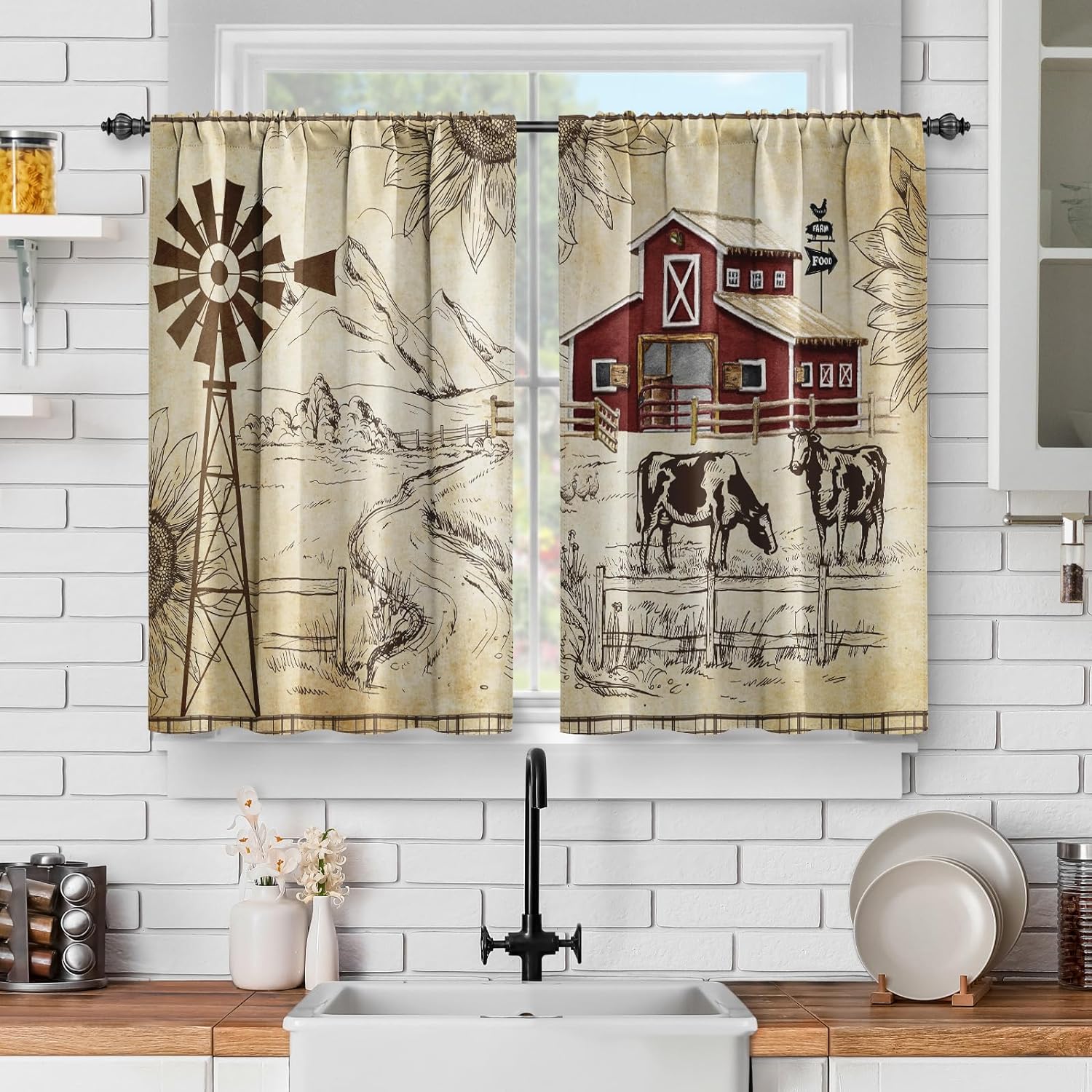Farmhouse Rustic Farm Kitchen Curtains: Vintage Windmill Country ...