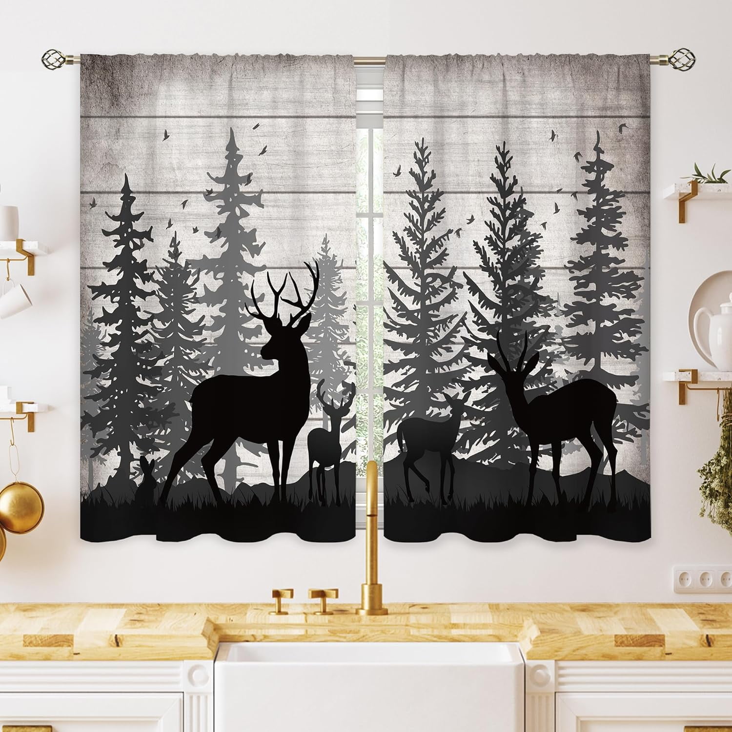 Farmhouse Rustic Forest Small Kitchen Curtains Black and Grey Vintage ...