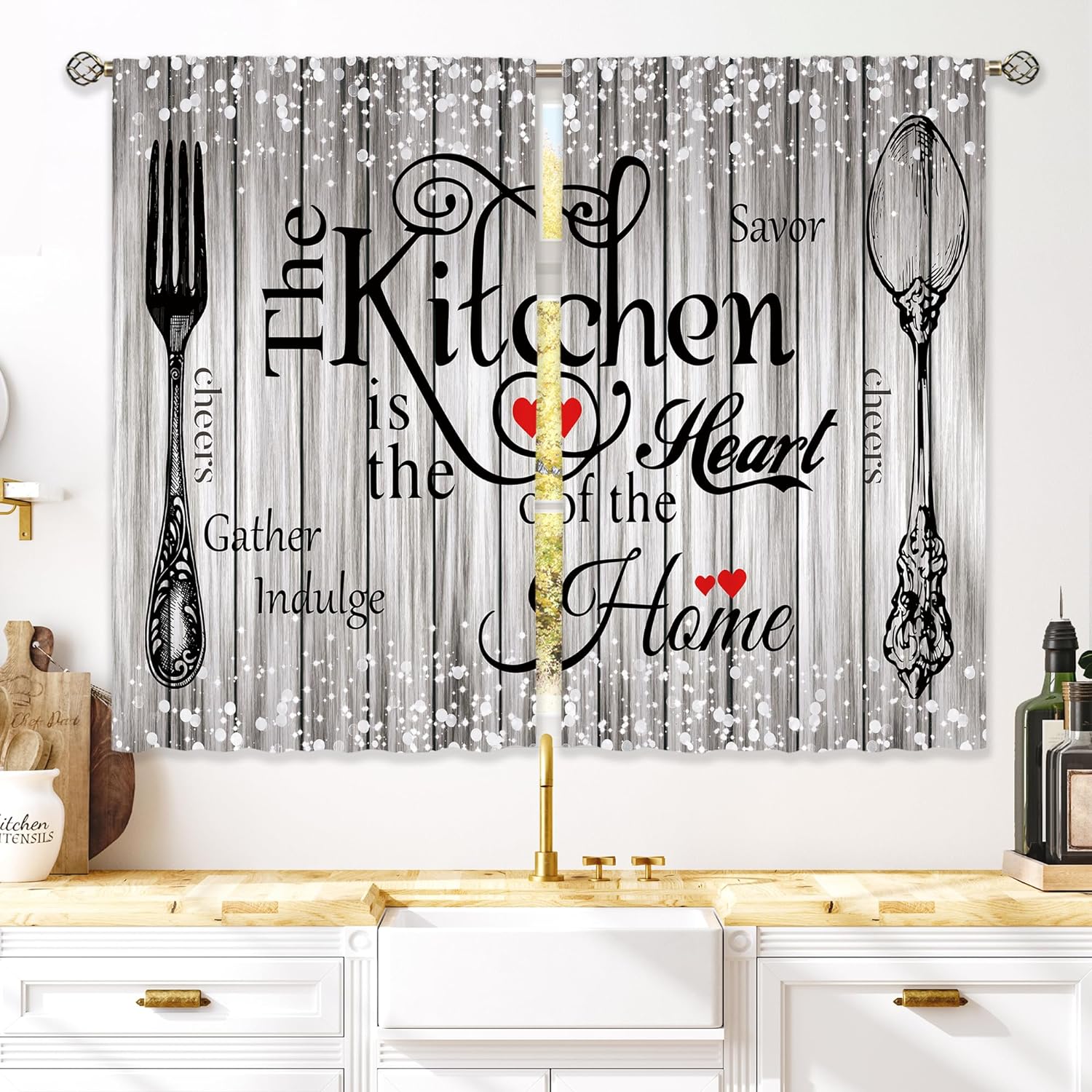 Farmhouse Rustic Grey Kitchen Curtains Vintage Fork Spoon Retro Small ...