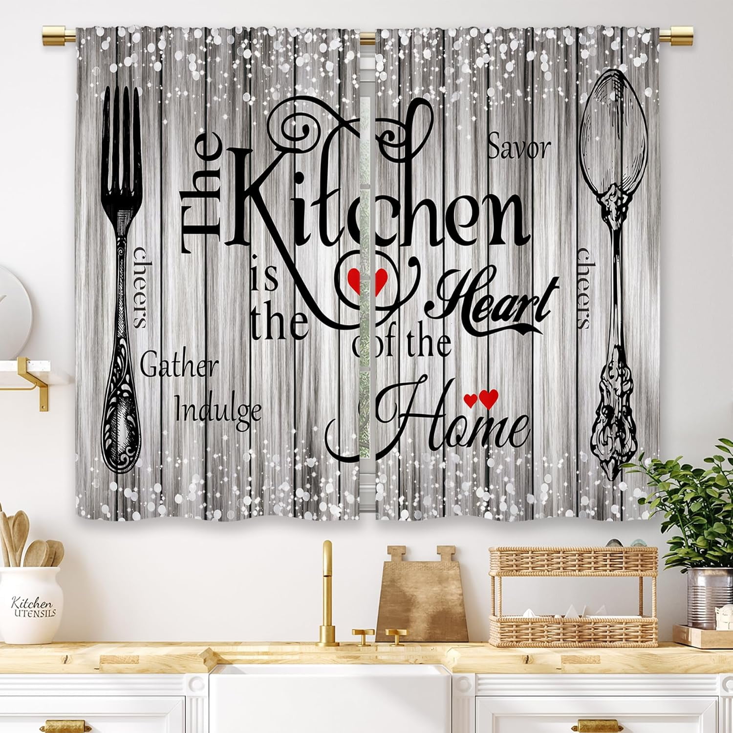 Farmhouse Rustic Grey Kitchen Curtains Vintage Fork Spoon Retro Small ...
