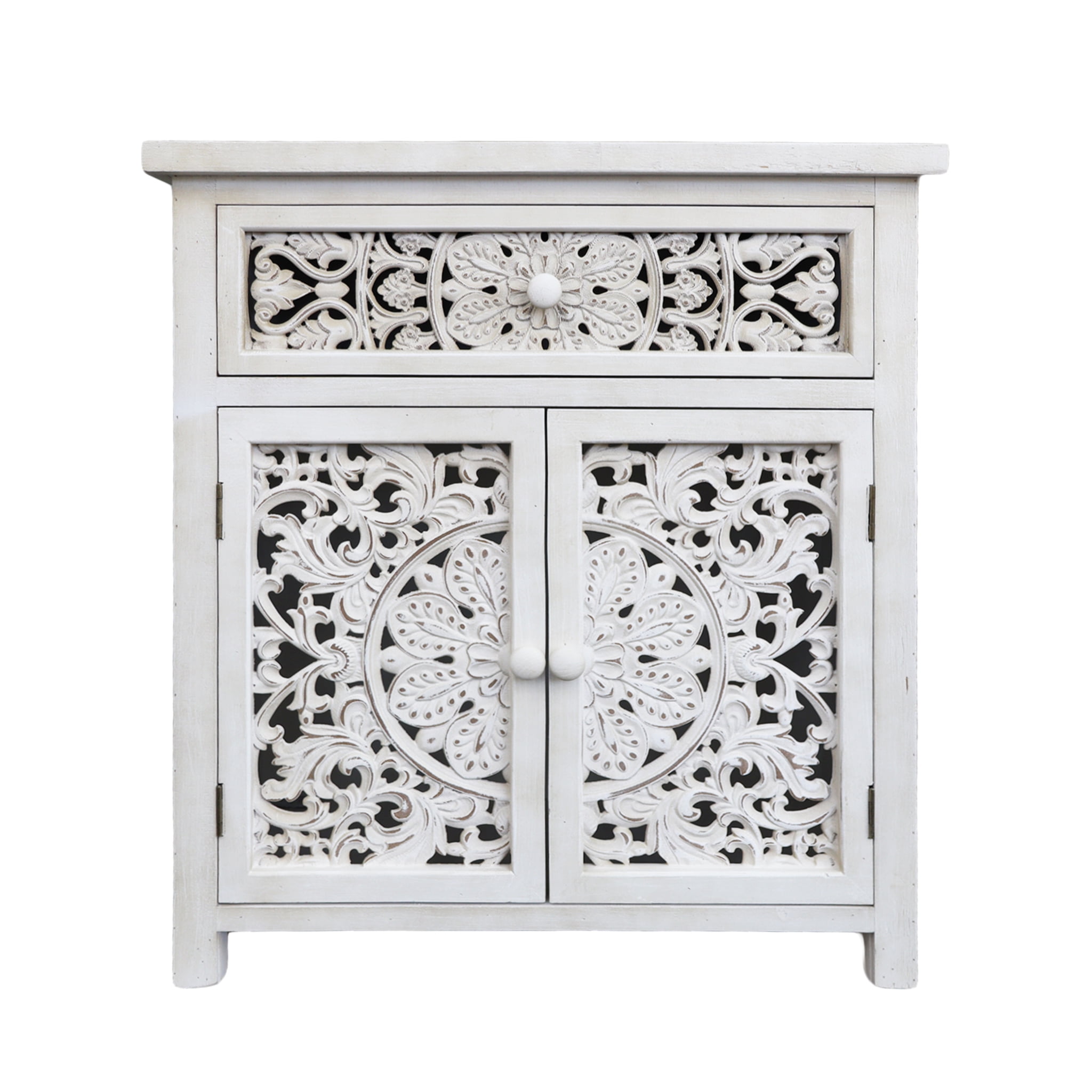 Farmhouse Rustic Hollow-Carved Wood Storage Cabinet with 1 Drawer and 2 ...