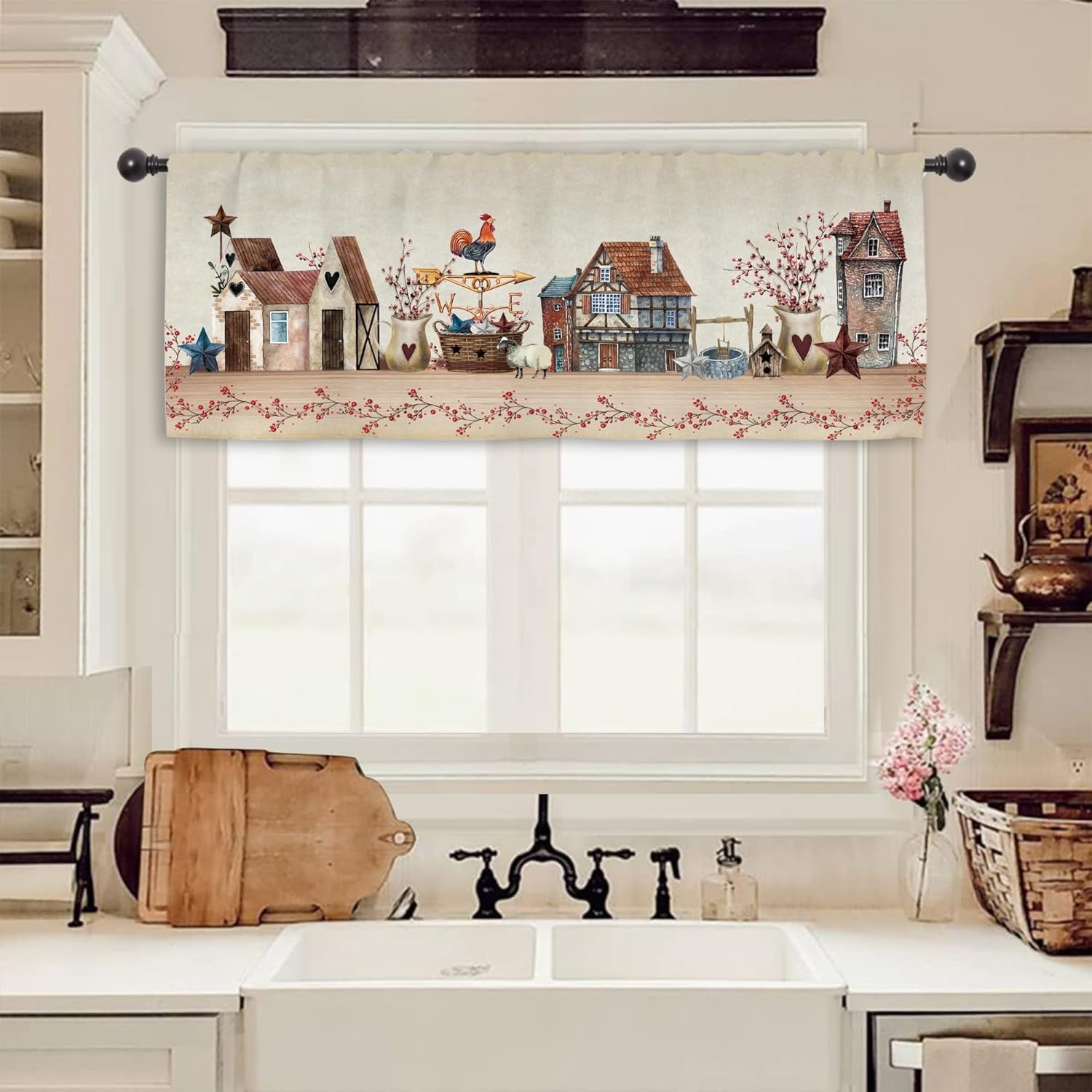 Farmhouse Rustic Kitchen Curtain Valance 54W x 18H Rod Texas Star ...