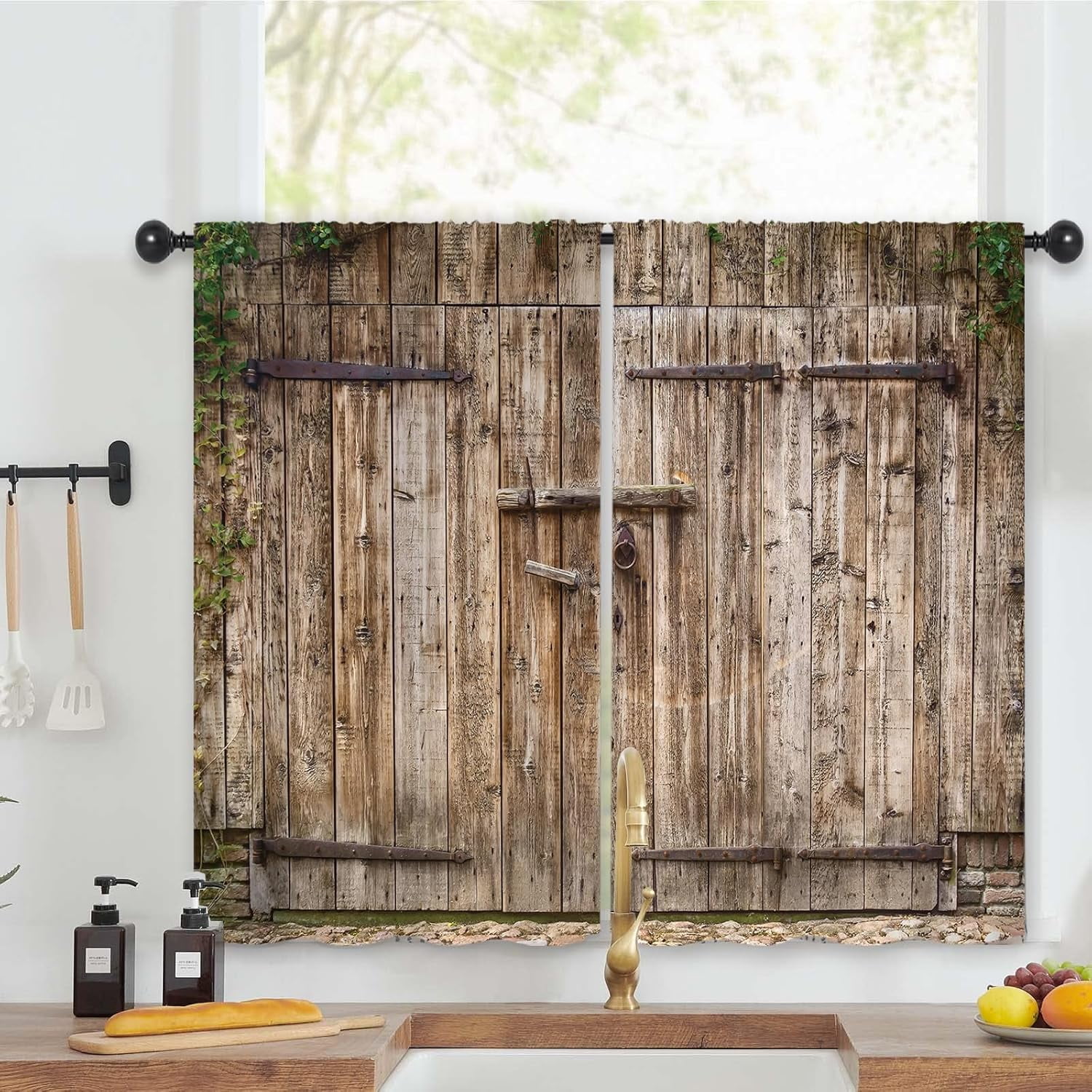 Farmhouse Rustic Kitchen Curtains 27.5W x 39L Inch Barn Door Brown Wood ...