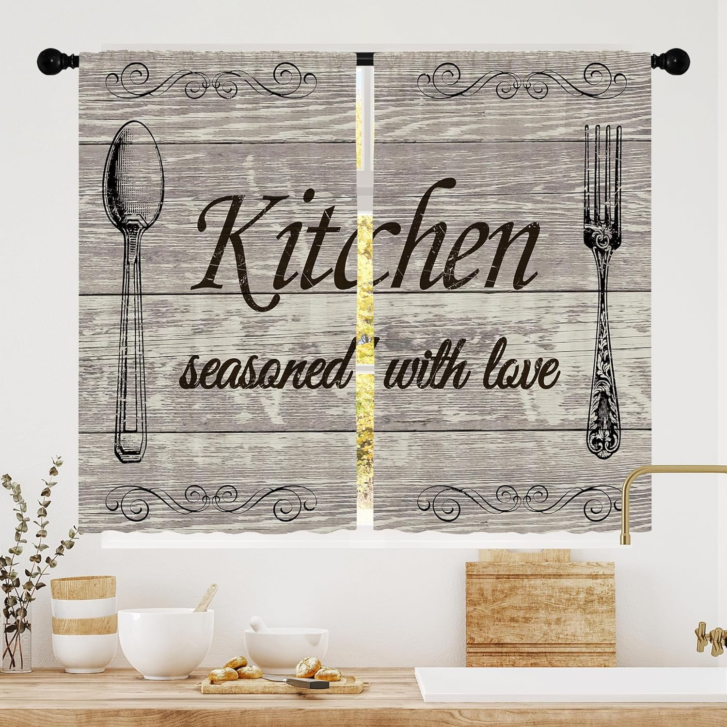 Farmhouse Rustic Kitchen Curtains Brown Vintage Fork Spoon Retro Small ...