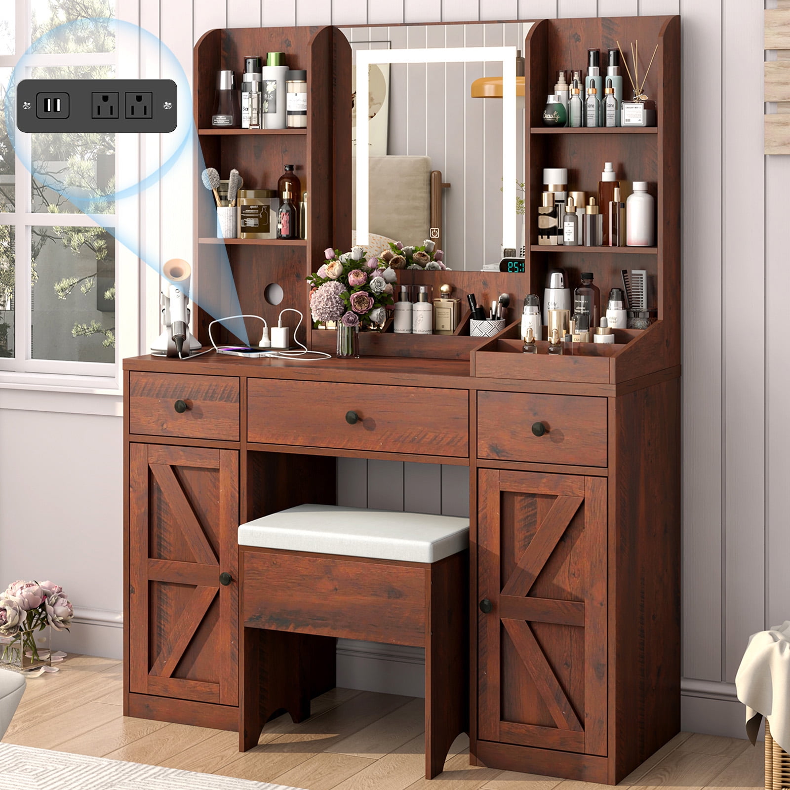 "Farmhouse 43"" Vanity Desk Set with LED Light Mirror, Charging Station ...