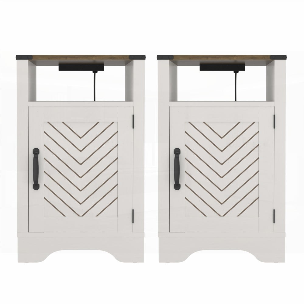 Farmhouse Rustic Nightstand 2-Pack with Charging Station - White & Oak ...