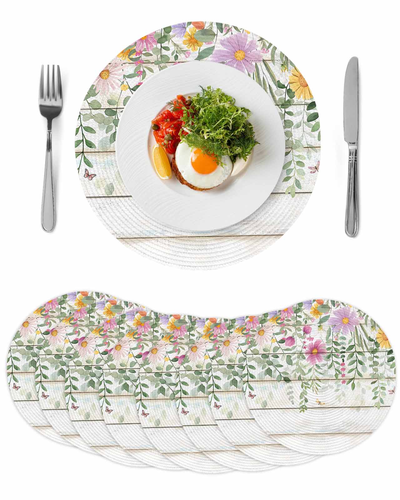Farmhouse Rustic Round Table Placemats set of 8, Wildflowers Leaves ...