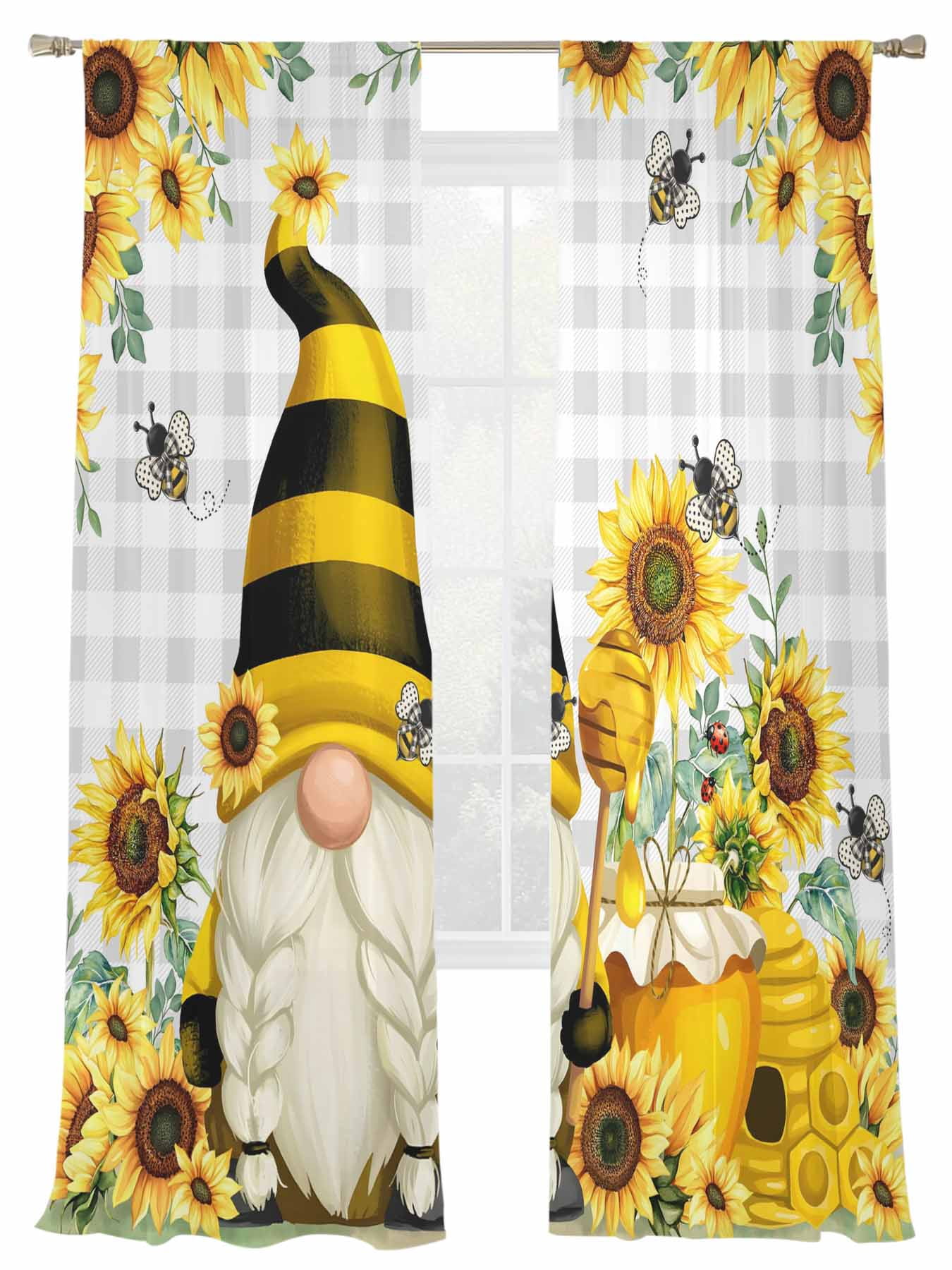 Farmhouse Rustic Sheer Curtains 2 Panels Set Gnome Sunflower Bee ...