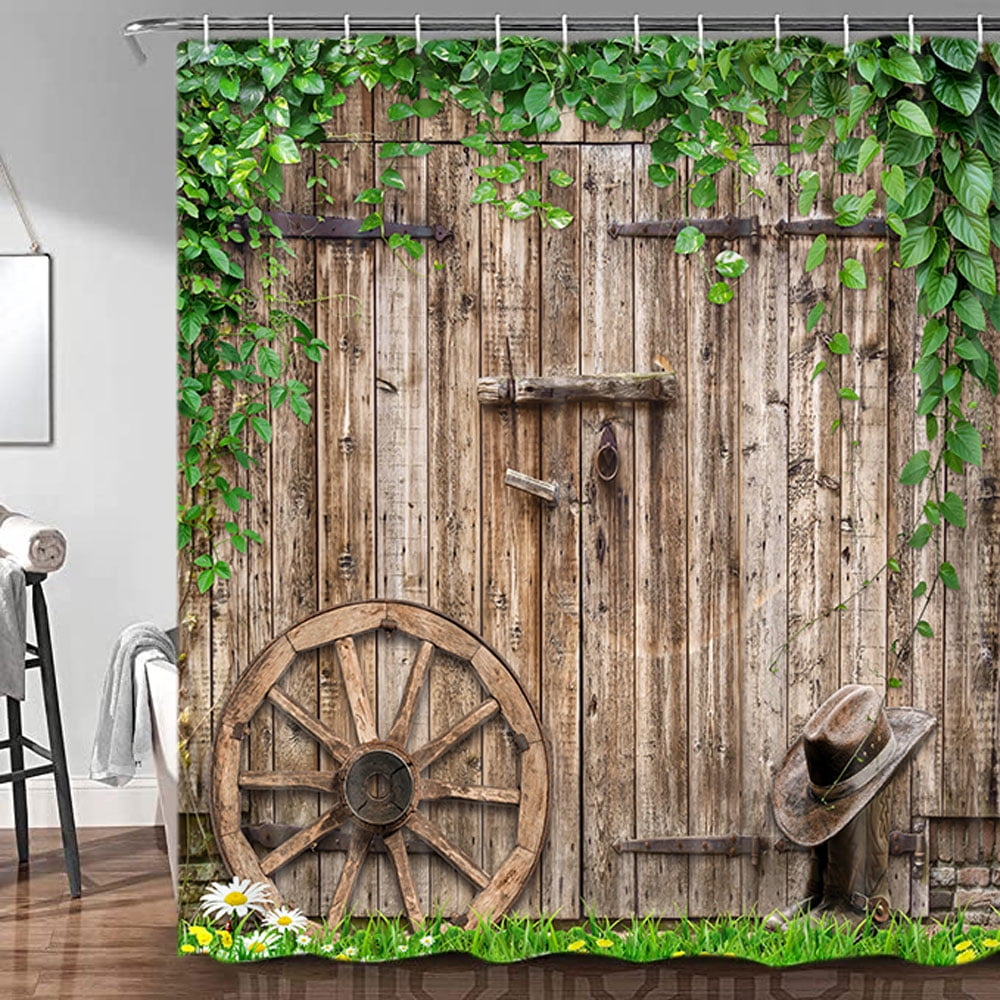 Farmhouse Rustic Shower Curtain, Brown Barn Door Wood Bathroom Shower ...